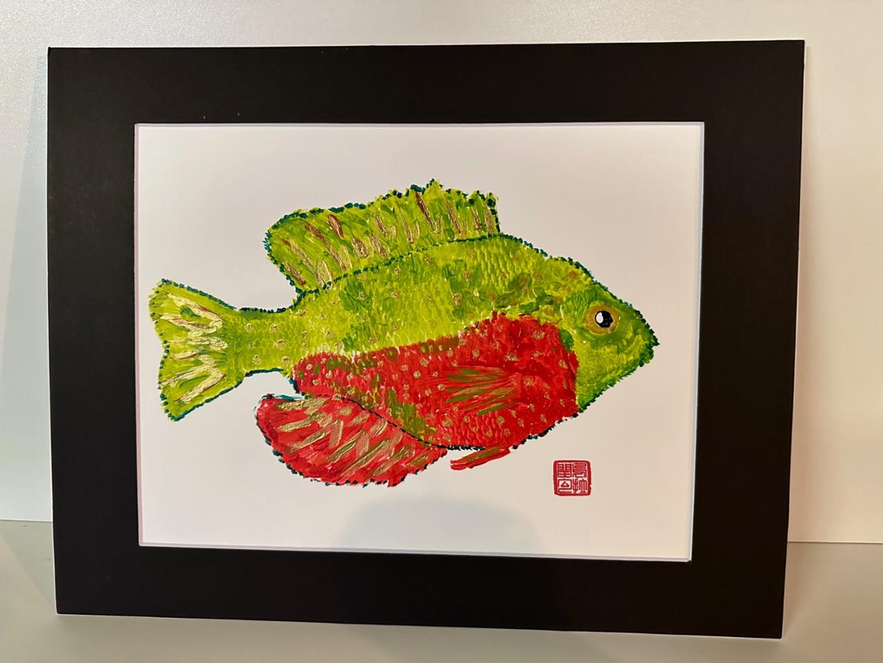 Green and Red Fish Original Painting by Ulla Ringle | Powered by Givergy