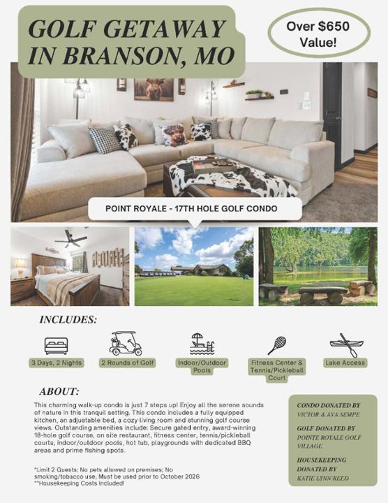 2-night POINT ROYALE - 17TH HOLE GOLF CONDO in Branson | Powered by Givergy